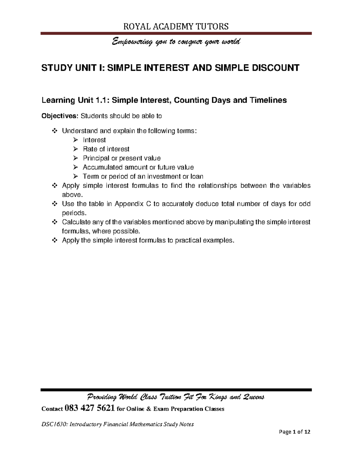 DSC1630: Simple Interest Study Notes for Introductory Financial Maths ...