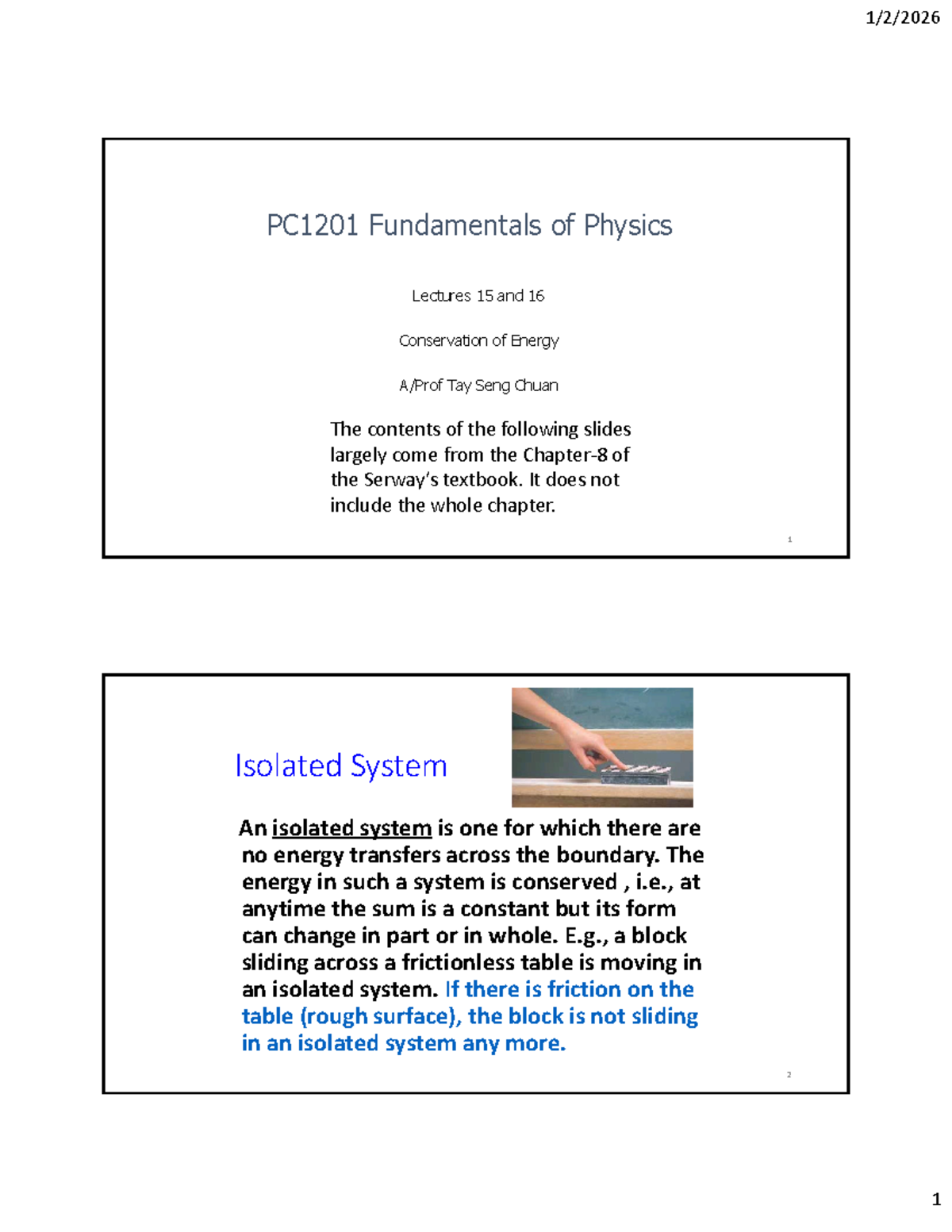 PC1201 Fundamentals of Physics: Lectures 15 & 16 on Energy Conservation ...