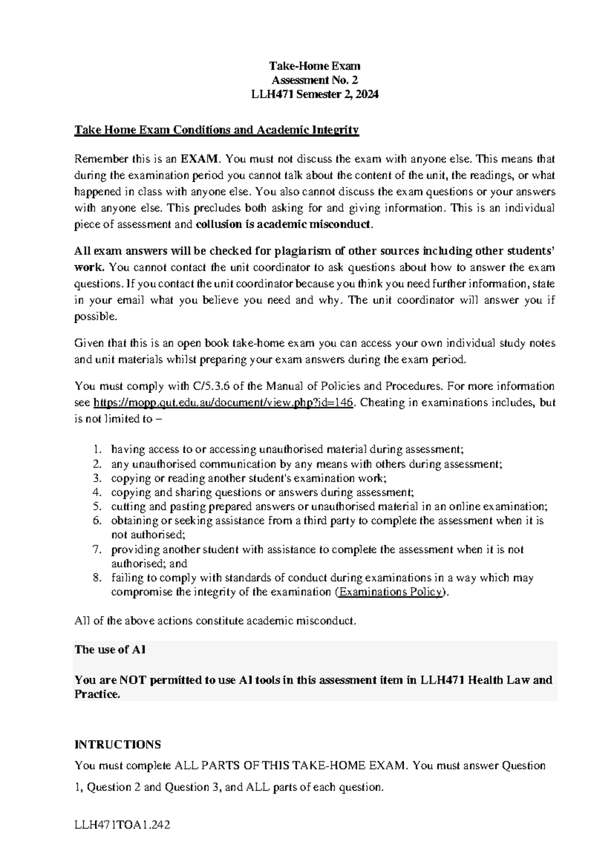 LLH471 2024 Take Home Exam Guidelines and Academic Integrity - Studocu