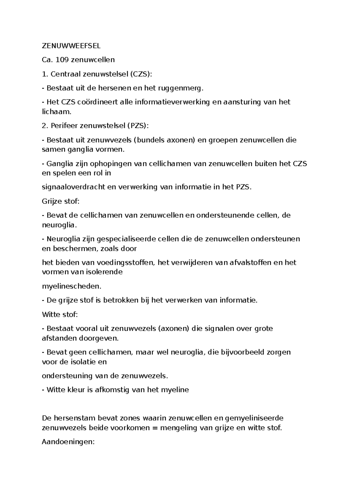 ZENUWWEEFSEL Ca. 109: Overzicht van Centraal en Perifeer Zenuwstelsel ...
