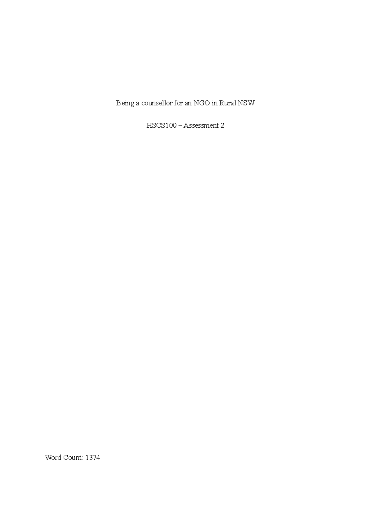 HSCS100 - Counselling in Rural NSW: Mental Health & Personal ...