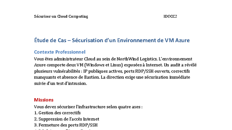 Étude de Cas IDOCC2 : Sécurisation des VM Azure en Cloud Computing - Studocu