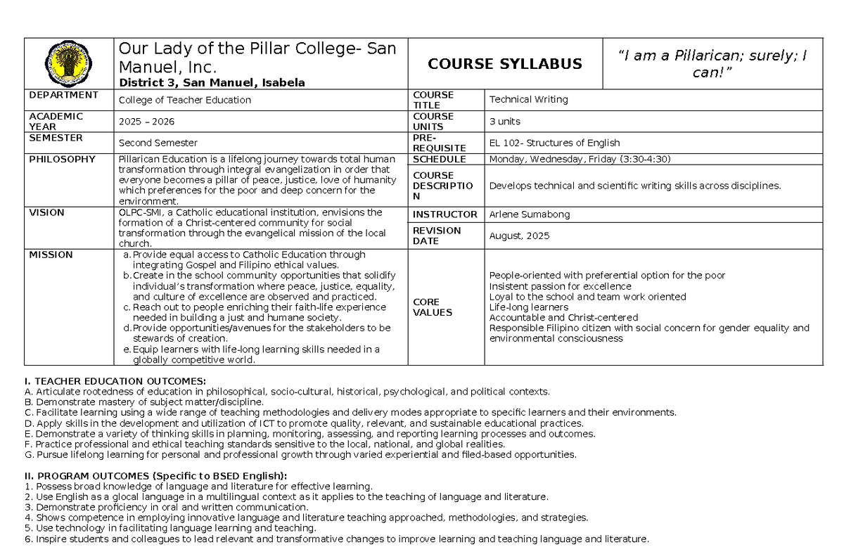 Technical Writing Syllabus (BSED English) - 2nd Sem 2025-2026 - Studocu