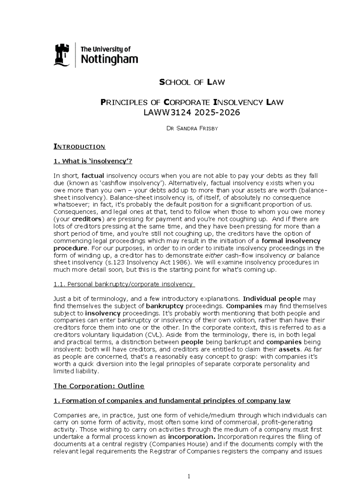 LAWW3124 Final Exam Notes: Principles of Corporate Insolvency Law - Studocu