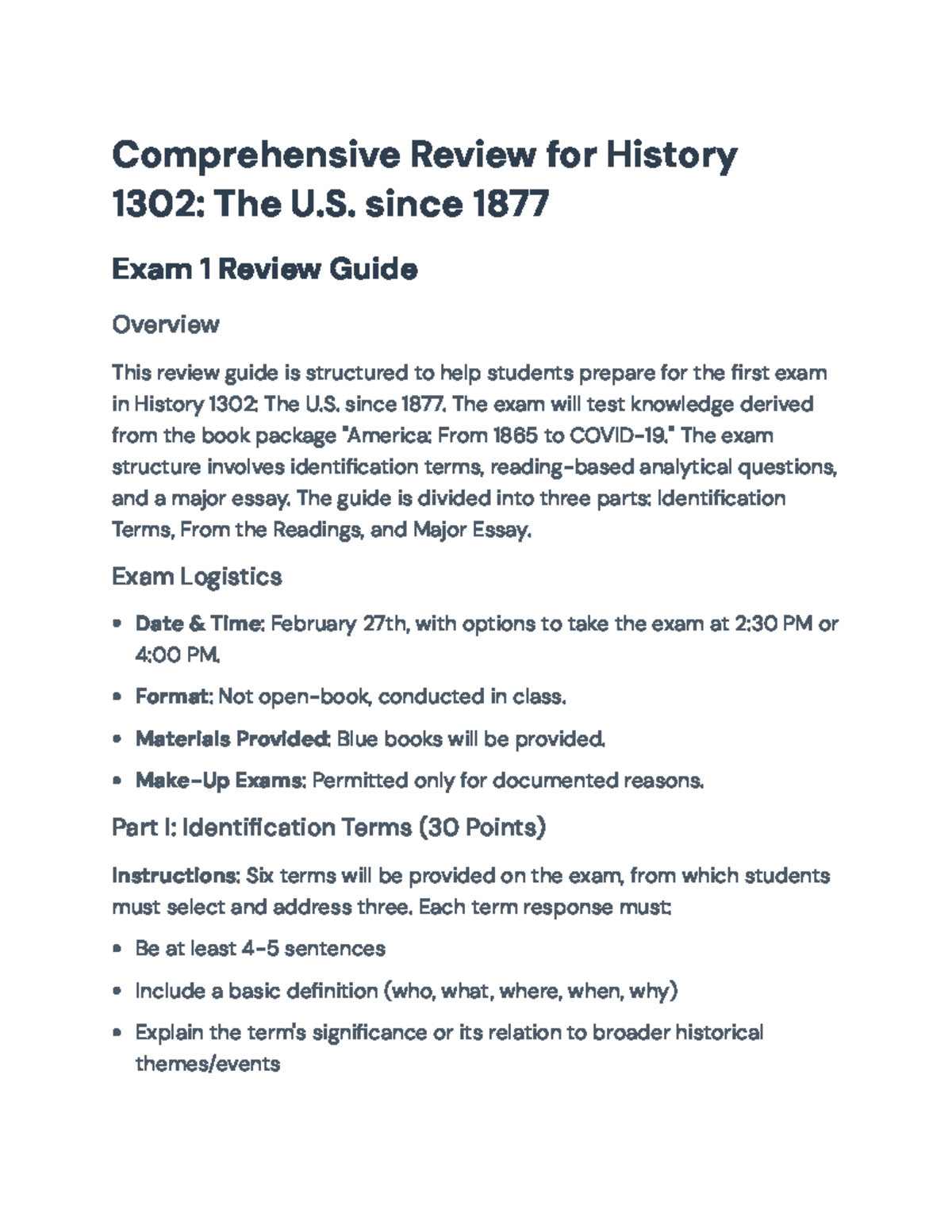 Comprehensive Exam Review Guide for History 1302: The U.S. since 1877 ...