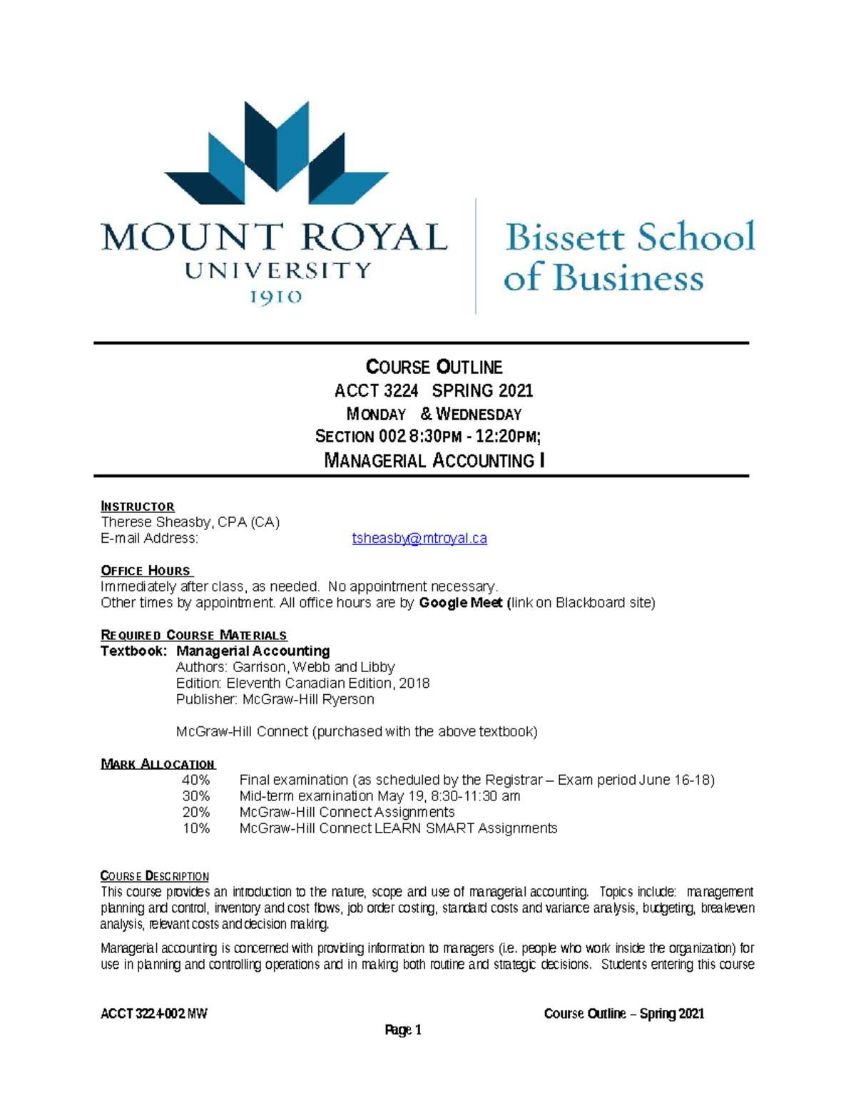 ACCT 3224 Course Outline: Managerial Accounting I - Spring 2021 - Studocu