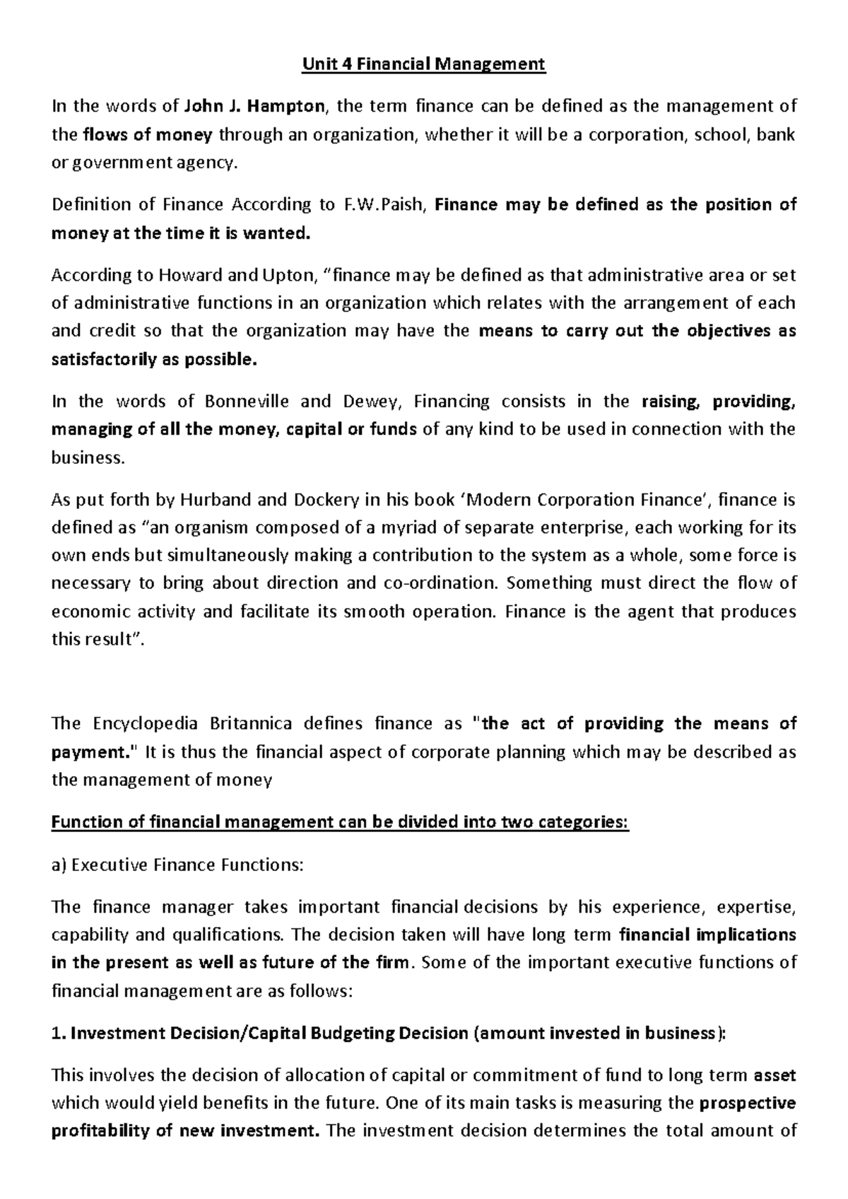 IM Unit 4: Comprehensive Overview of Financial Management - Studocu