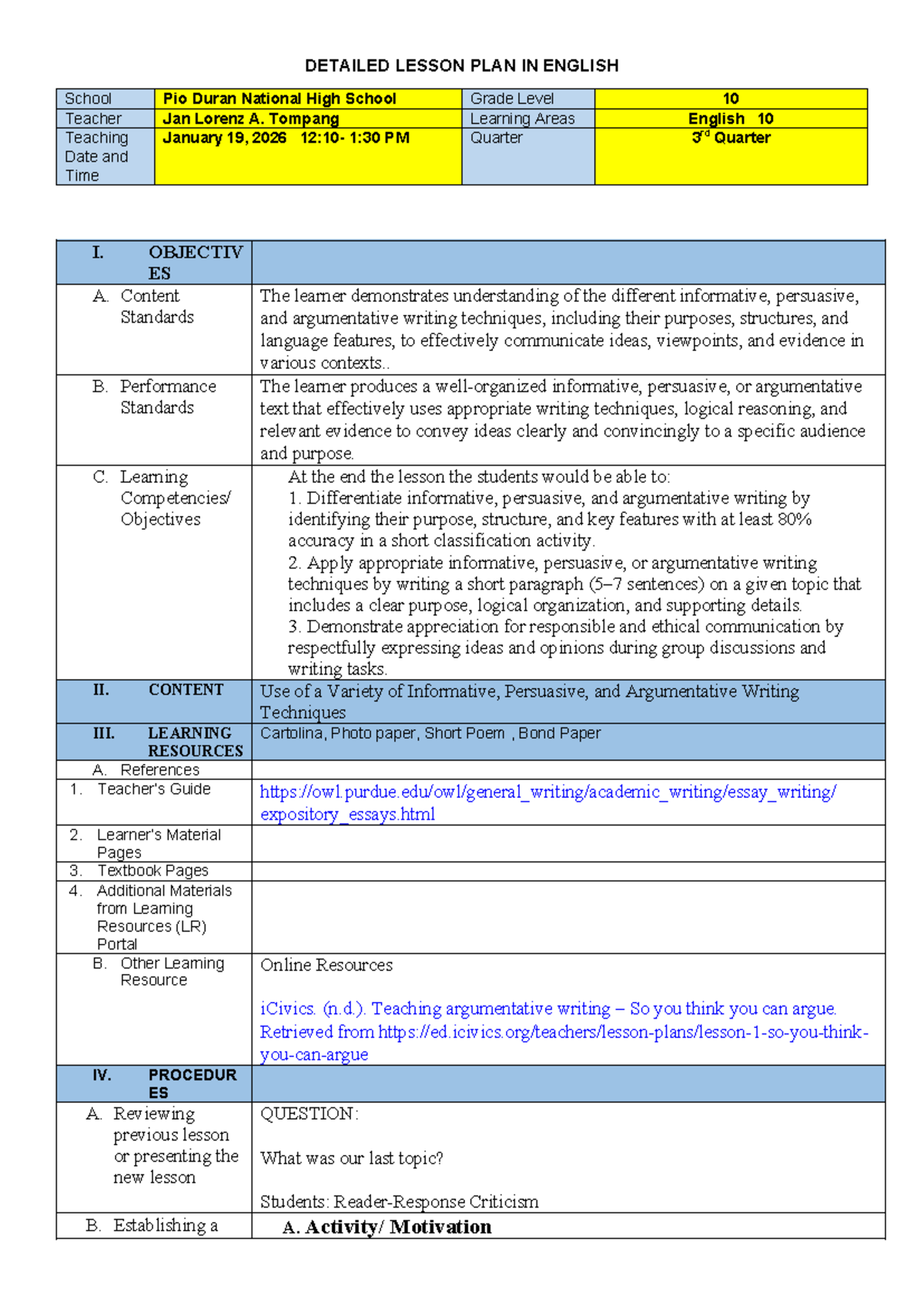 Detailed Lesson Plan for English 10: Writing Techniques - Studocu