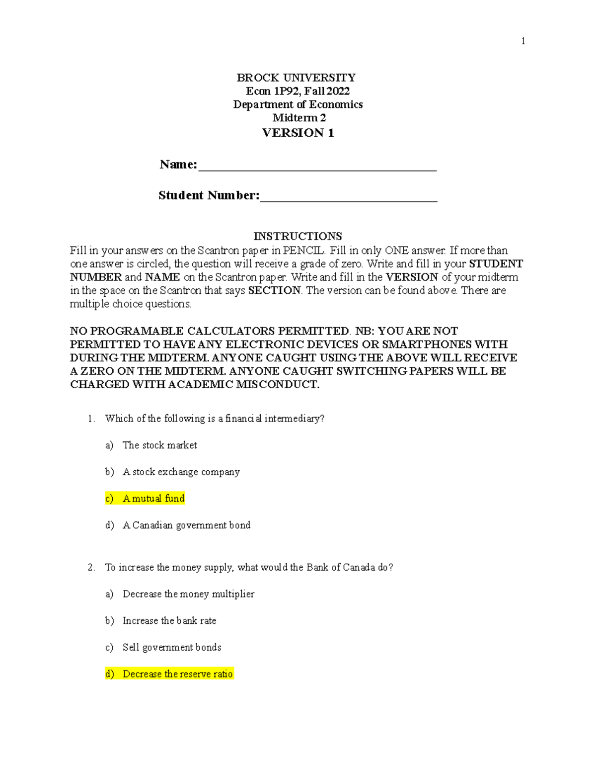 Midterm 2 Version 1 Answer key - BROCK UNIVERSITY Econ 1P92, Fall 2022 Department of Economics ...