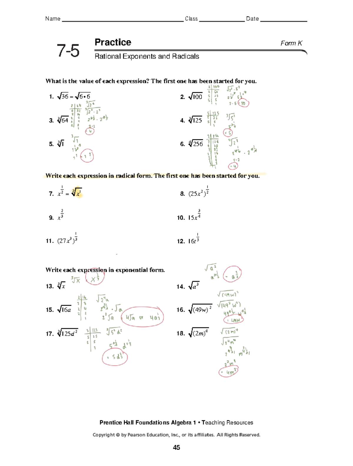 Math 7 - Practice Form K: Rational Exponents & Radicals - Studocu
