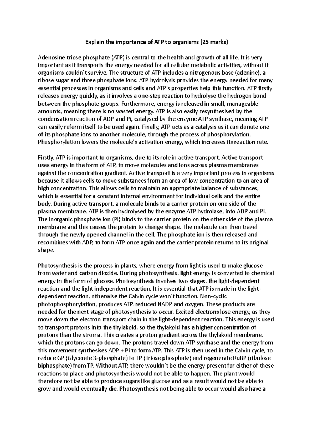 AQA BIO Final Exam Essay Plans on Energy Transfer and Functions - Studocu