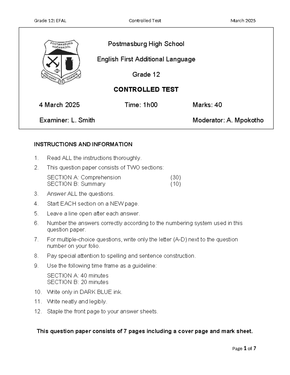 Grade 12 English First Additional Language Controlled Test Question ...