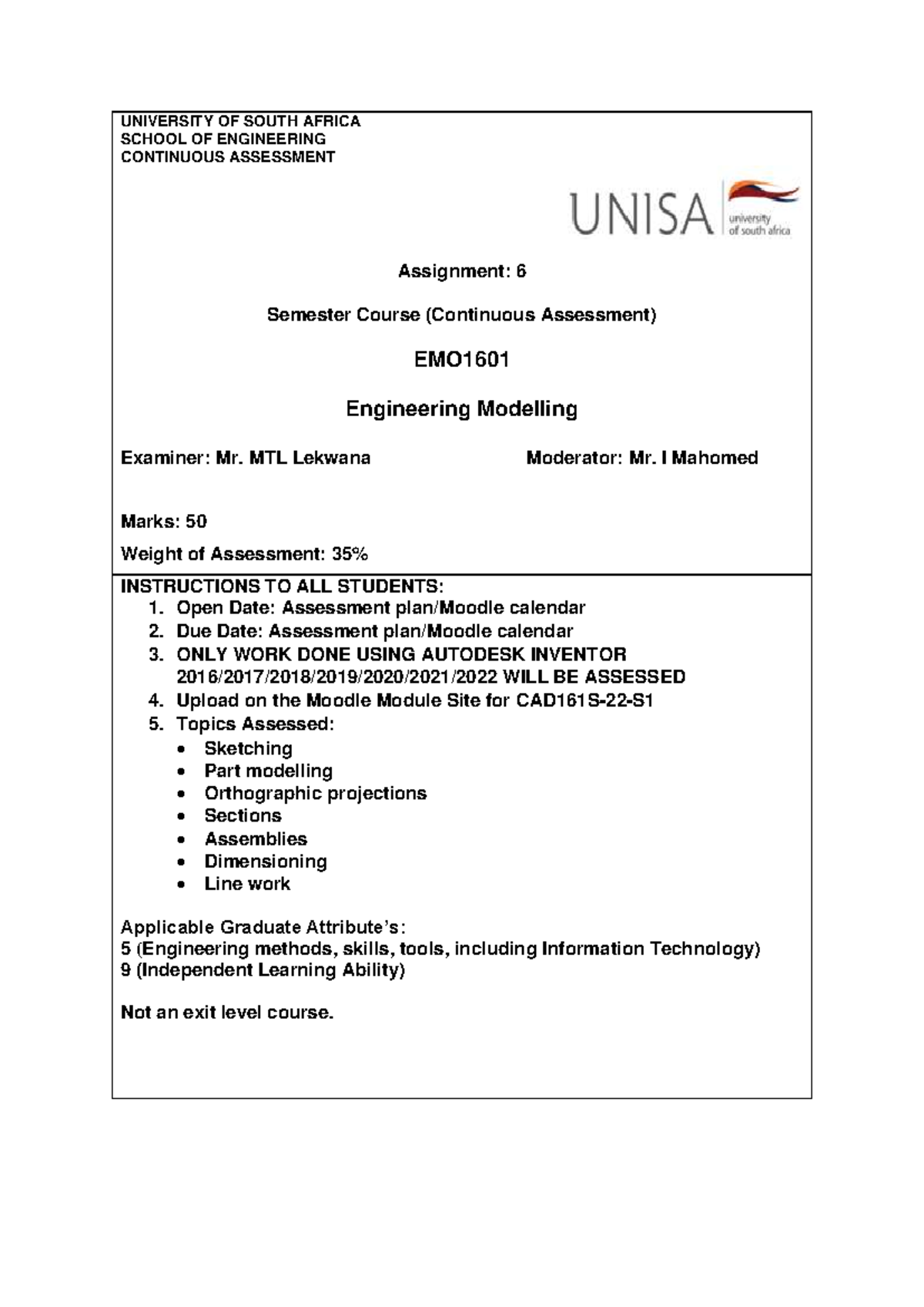 EMO1601 Major Test 2 - Engineering Modelling Assessment - Studocu
