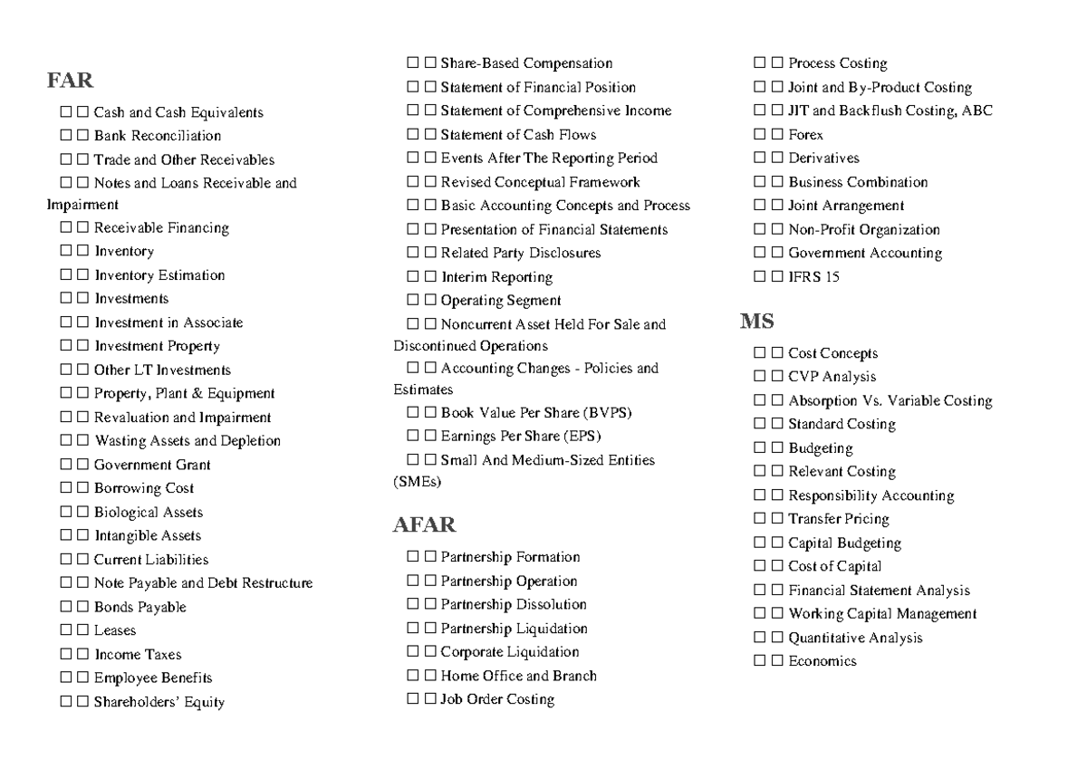 Cpale List of Topics - FAR ☐ ☐ Cash and Cash Equivalents ☐ ☐ Bank ...