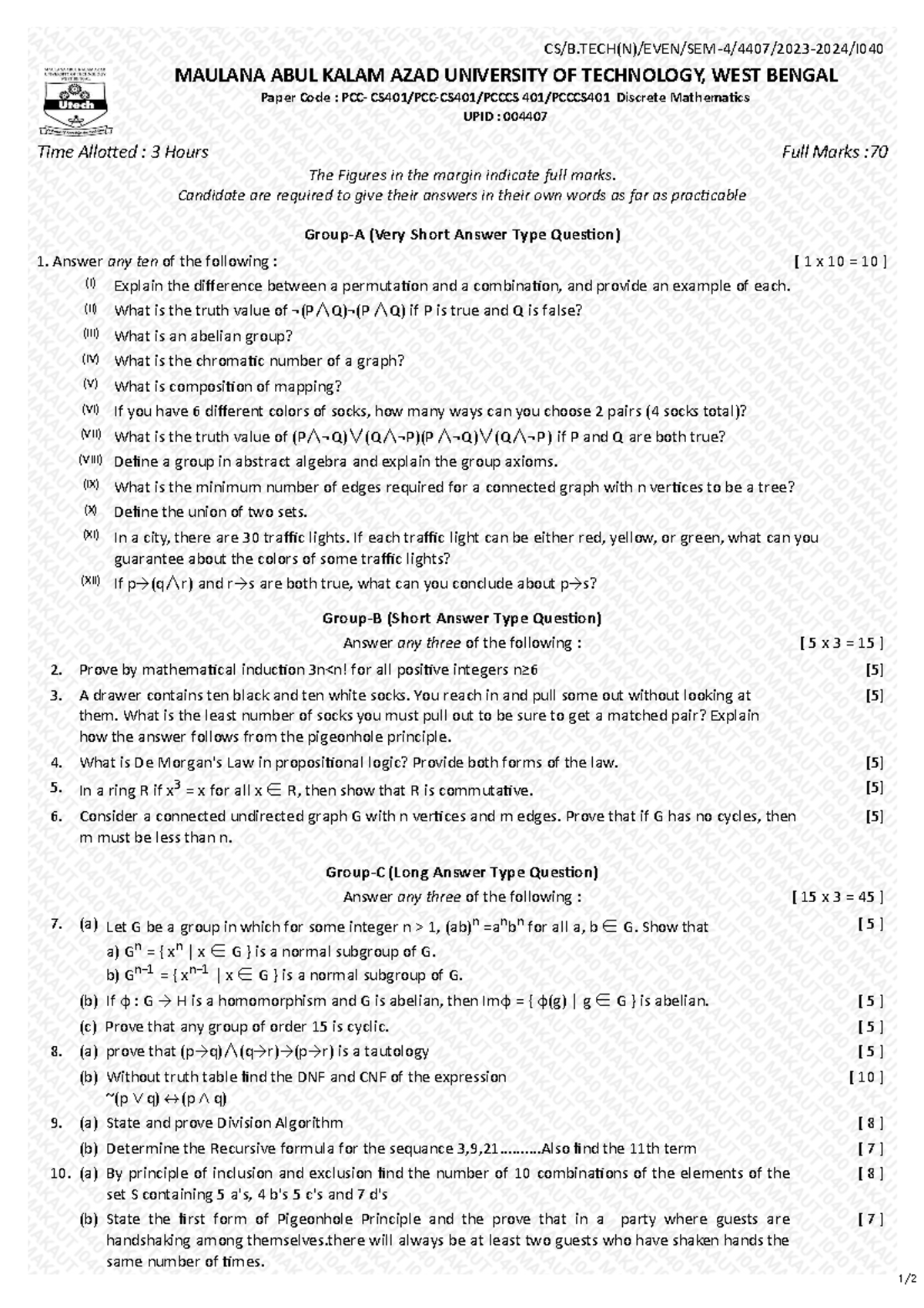 PCC-CS401 Discrete Mathematics Final Exam Notes 2024 - Studocu