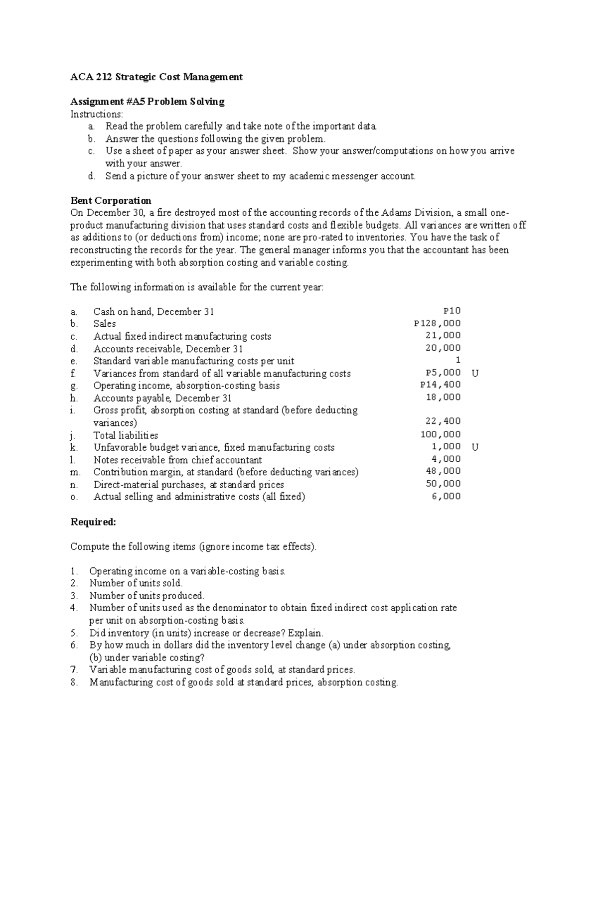 Assignment A2 Problem Solving - ACA 212 Strategic Cost Management ...