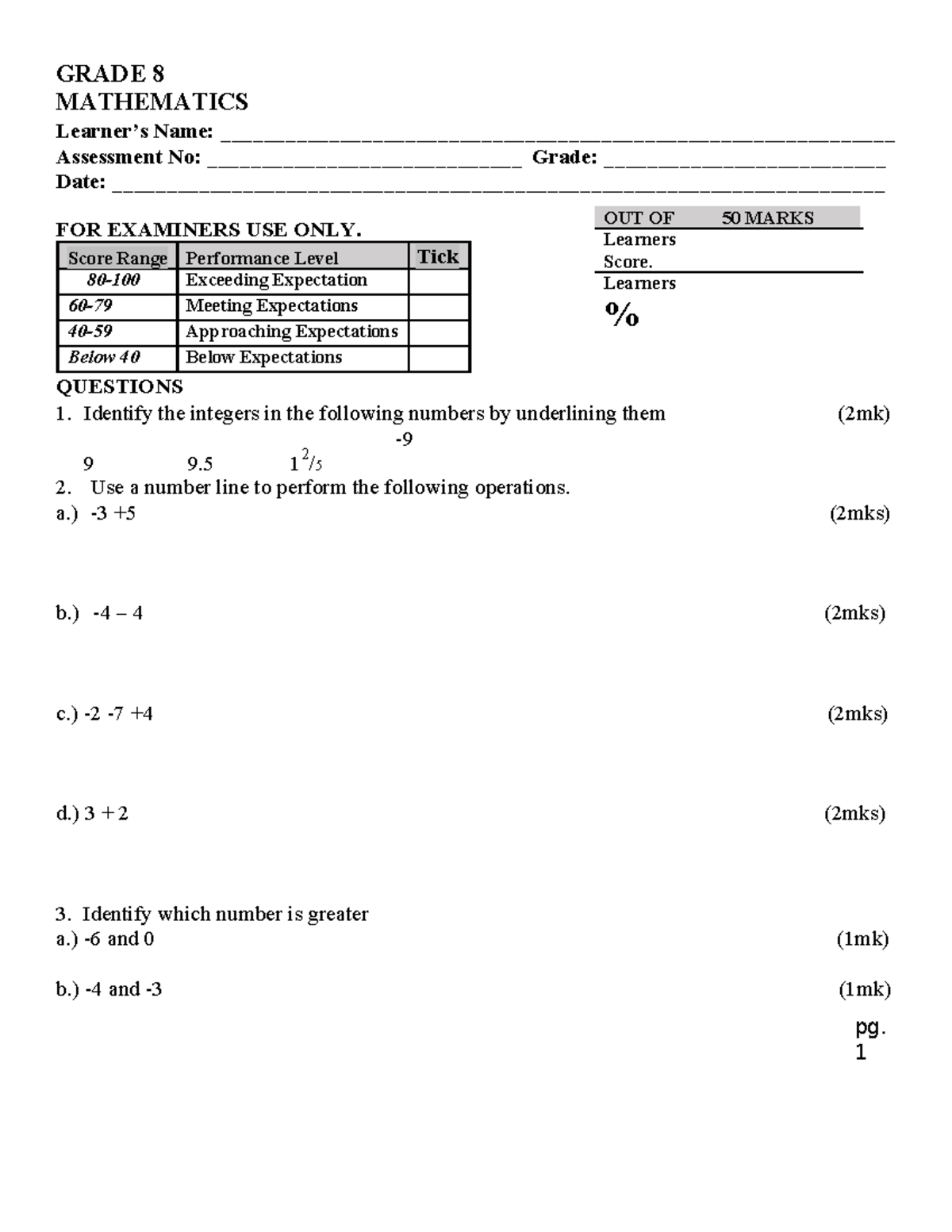 G8 Mathematics Assessment Set 2: Exam Questions and Answers - Studocu