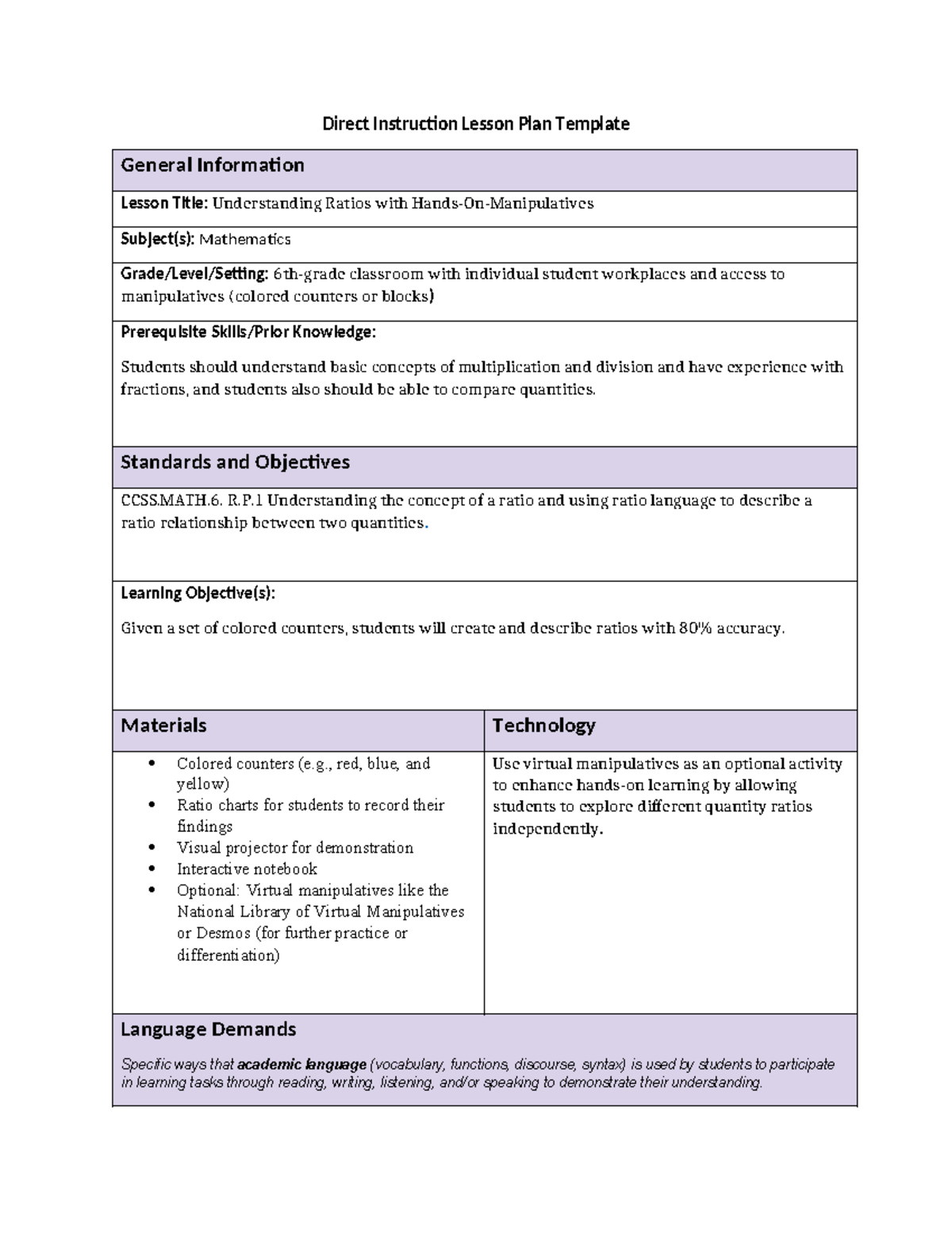 C109 TASK 1 - Task 1 passes - Direct Instruction Lesson Plan Template ...