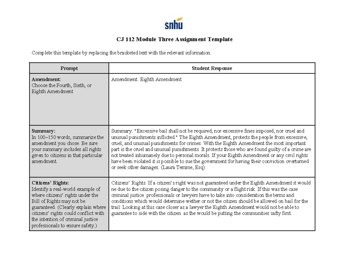 CJ 112 Module 3-2 - Eighth Amendment Assignment Overview and Insights - Studocu