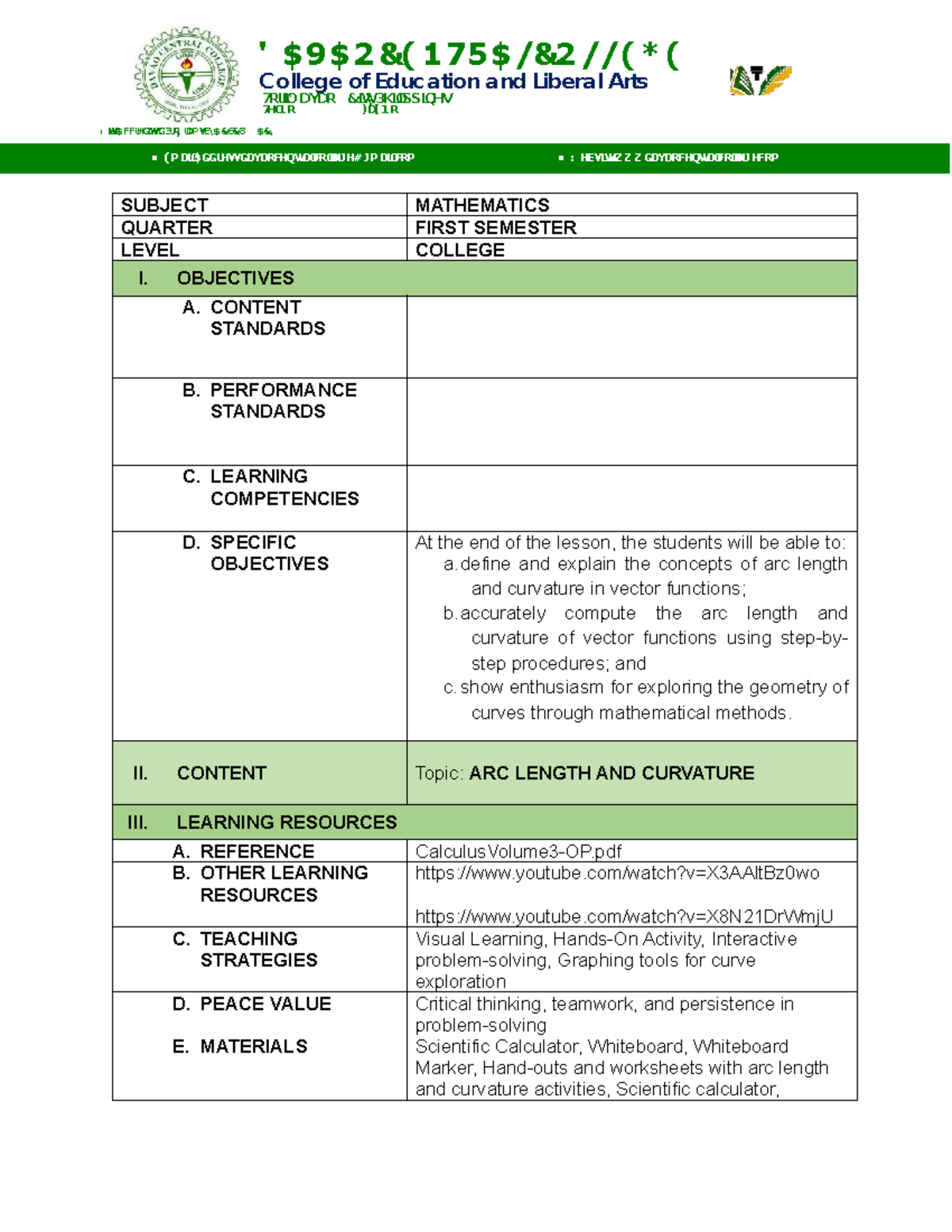 Mathematics 7RU: Arc Length and Curvature Lesson Plan - Studocu