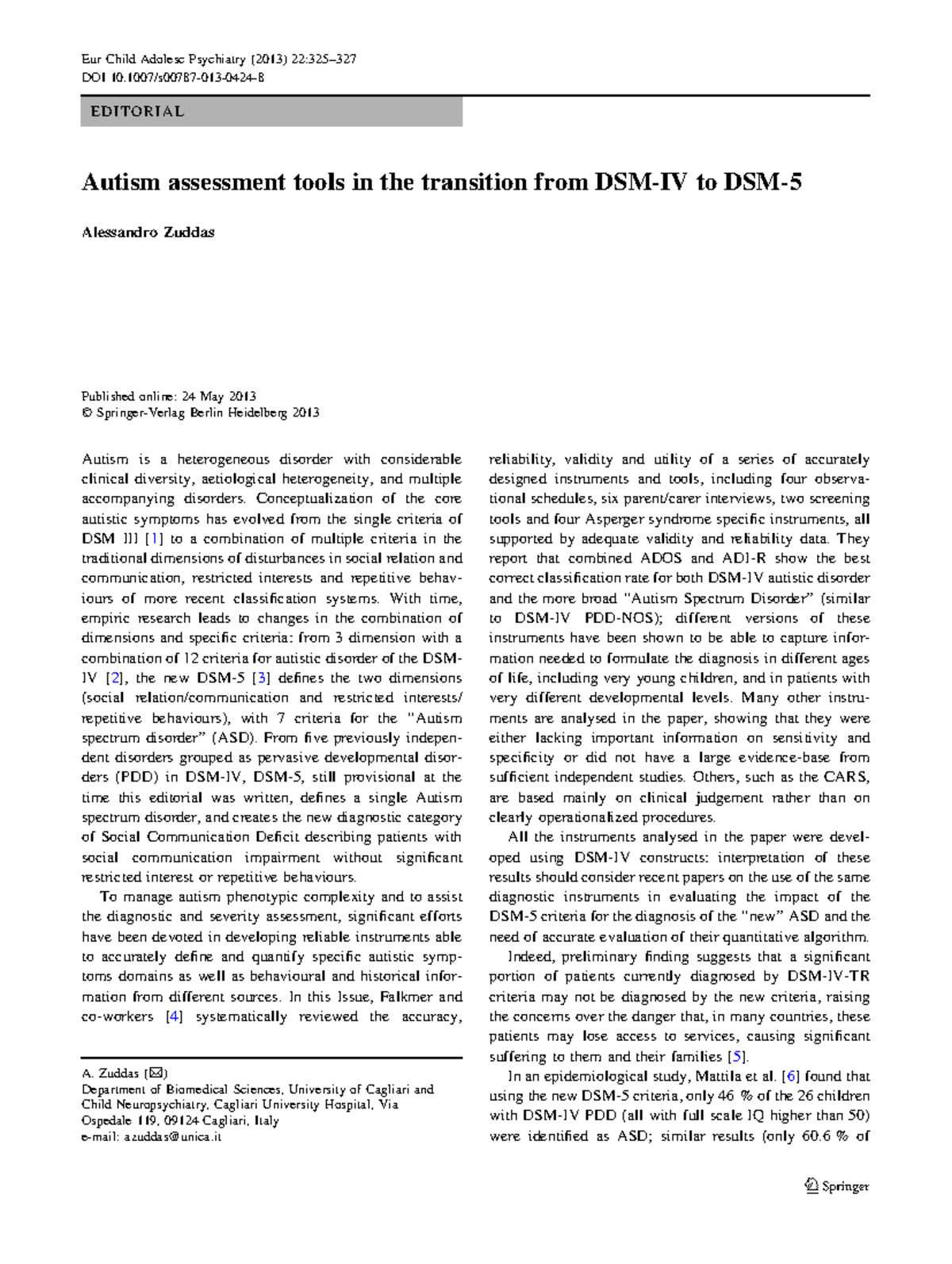 Editorial on Autism Assessment Tools: Transitioning from DSM-IV to DSM ...