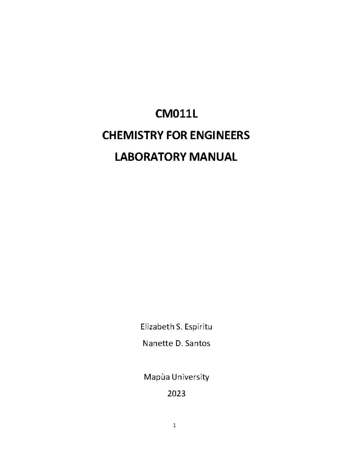 CM011L LAB Manual Module 1 2023v1 - CM011L CHEMISTRY FOR ENGINEERS ...