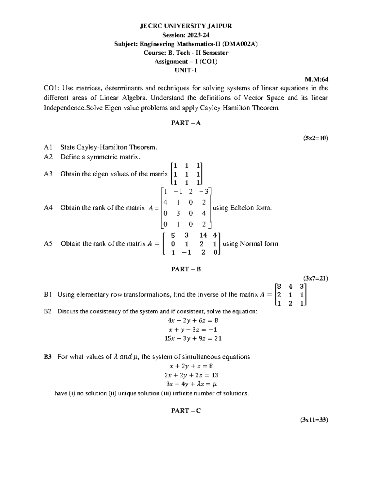 Engineering Assignment 1 (DMA002A): Linear Algebra Concepts and ...