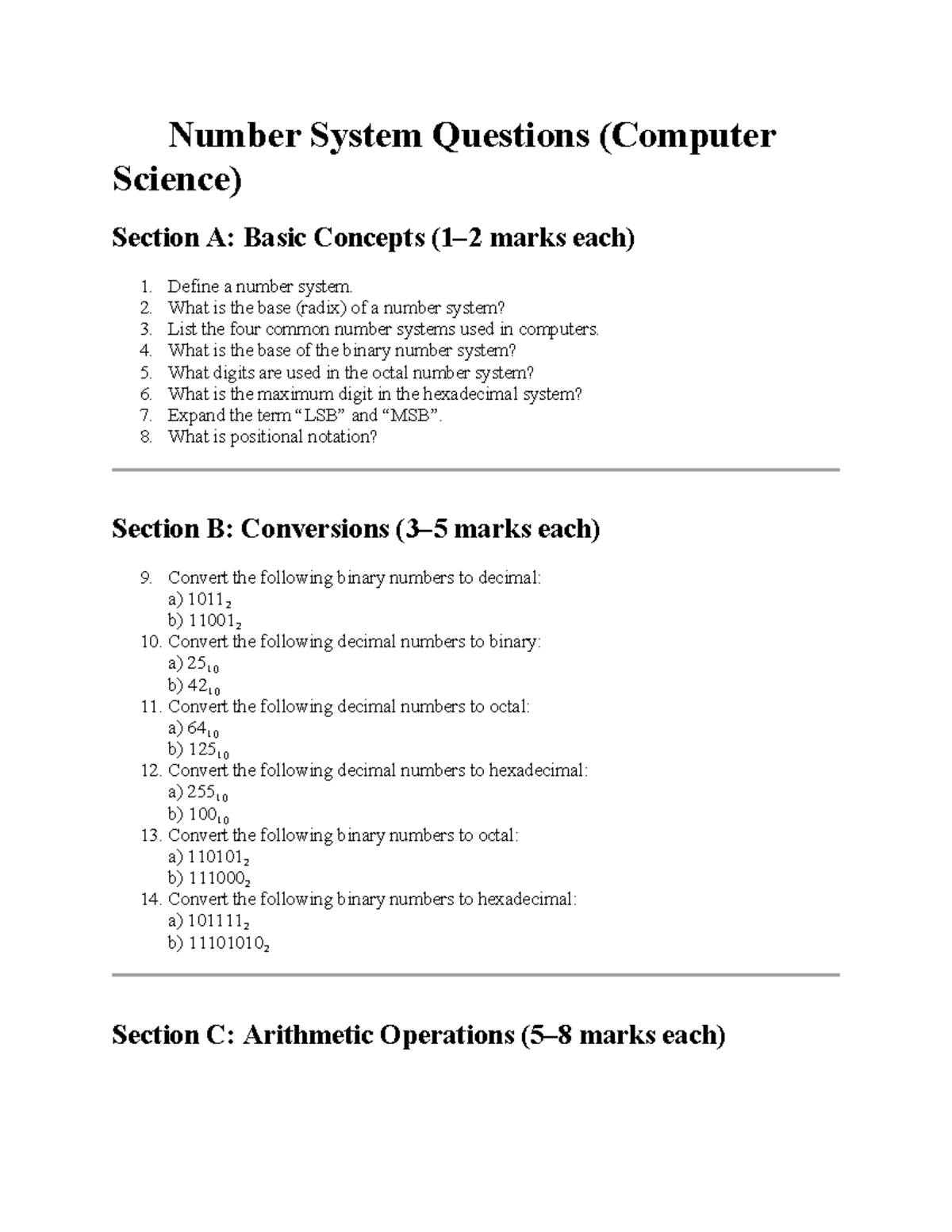 Number Systems Questions (CS 101) - Conversions & Operations - Studocu