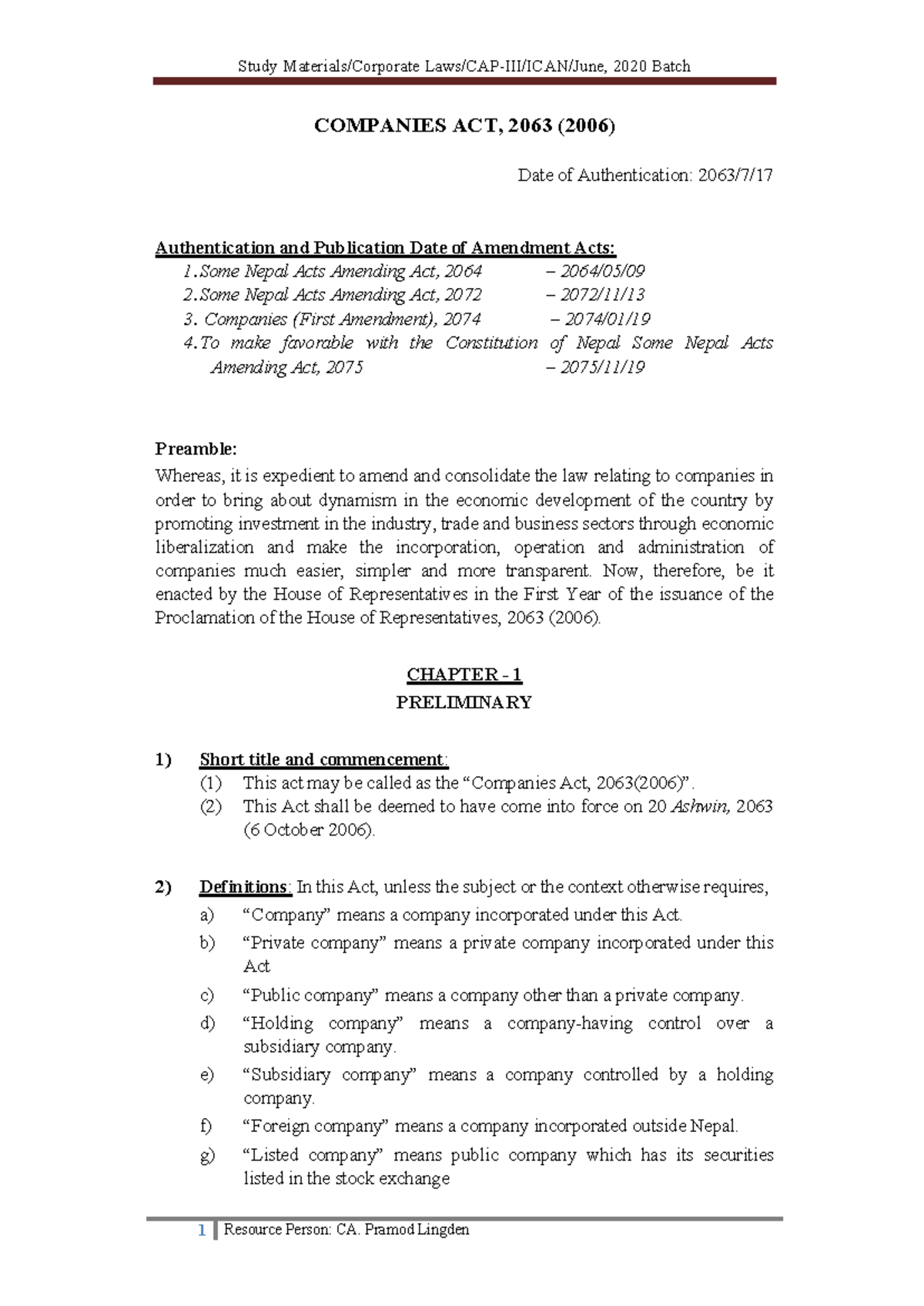 Study 2020 Batch: Companies Act, 2063 (2006) Overview and Amendments ...
