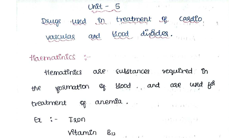 Unit 5 CVS - Short notes - Unit 5 Drugs used in treatment of cardio ...