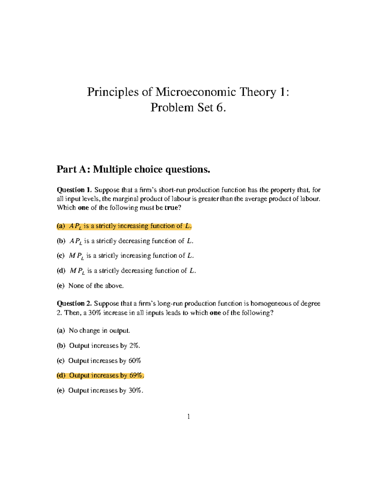 ECON10171: Principles of Microeconomic Theory 1 - Problem Set 6 - Studocu