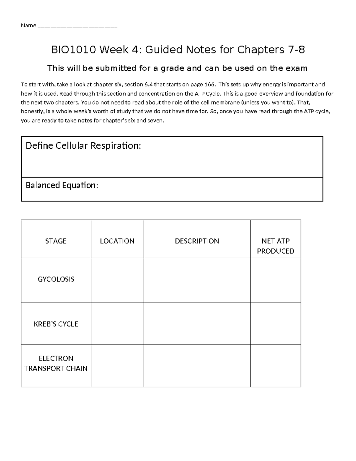 BIO1010 Week 4: Guided Notes on Cellular Respiration Concepts - Studocu