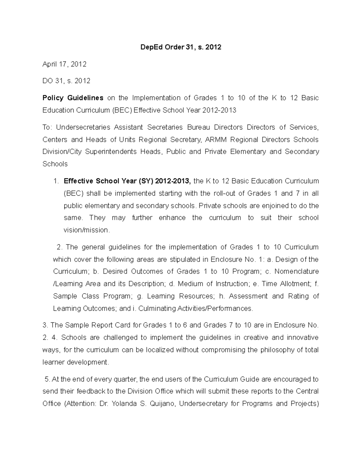 Policy Guidelines for K to 12 Grades 1-10 Implementation (DepEd Order ...