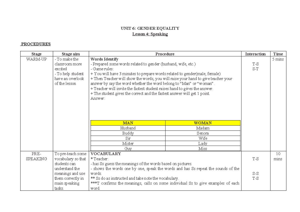 UNIT 6: GENDER EQUALITY Lesson Plan for Speaking Activities - Studocu