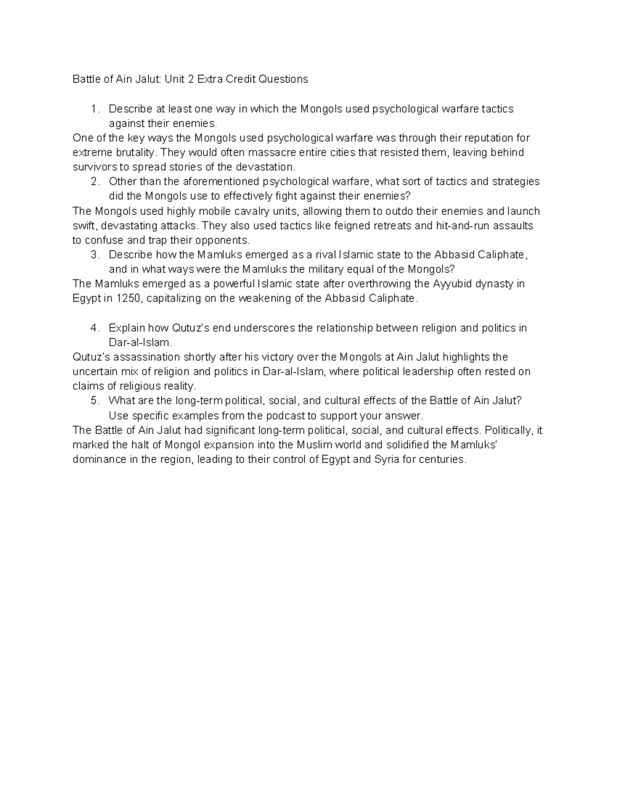 Battle of Ain Jalut Unit 2 Extra Credit Questions - Battle of Ain Jalut ...