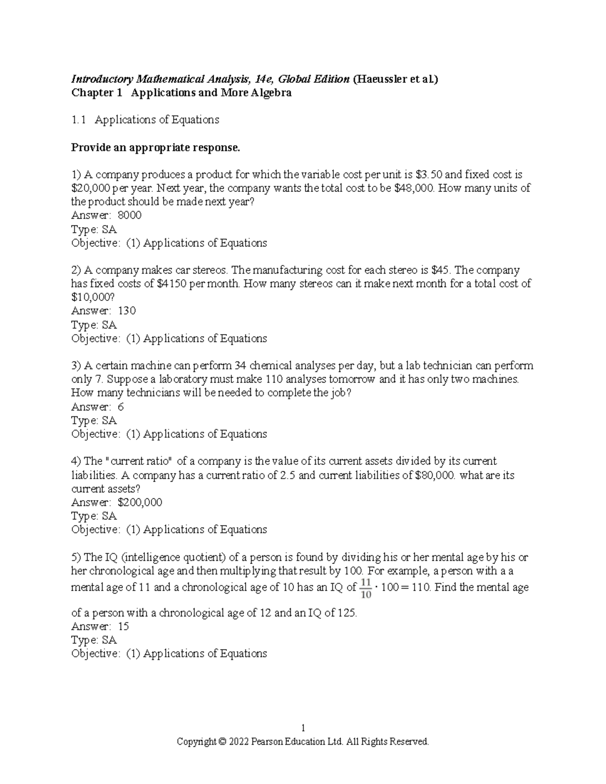 Math 14e: Chapter 1 Applications of Equations and Inequalities - Studocu
