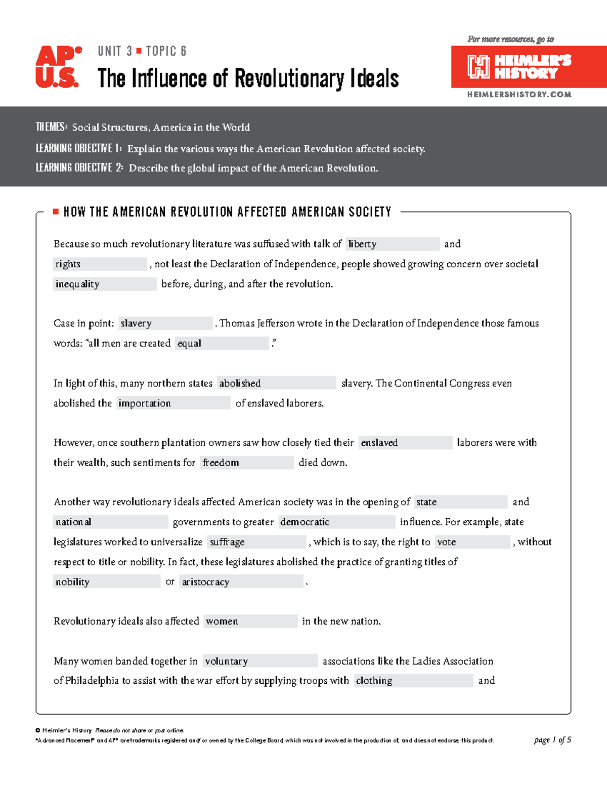 APUSH Unit 3 Topic 6: Impact of Revolutionary Ideals on Society - Studocu