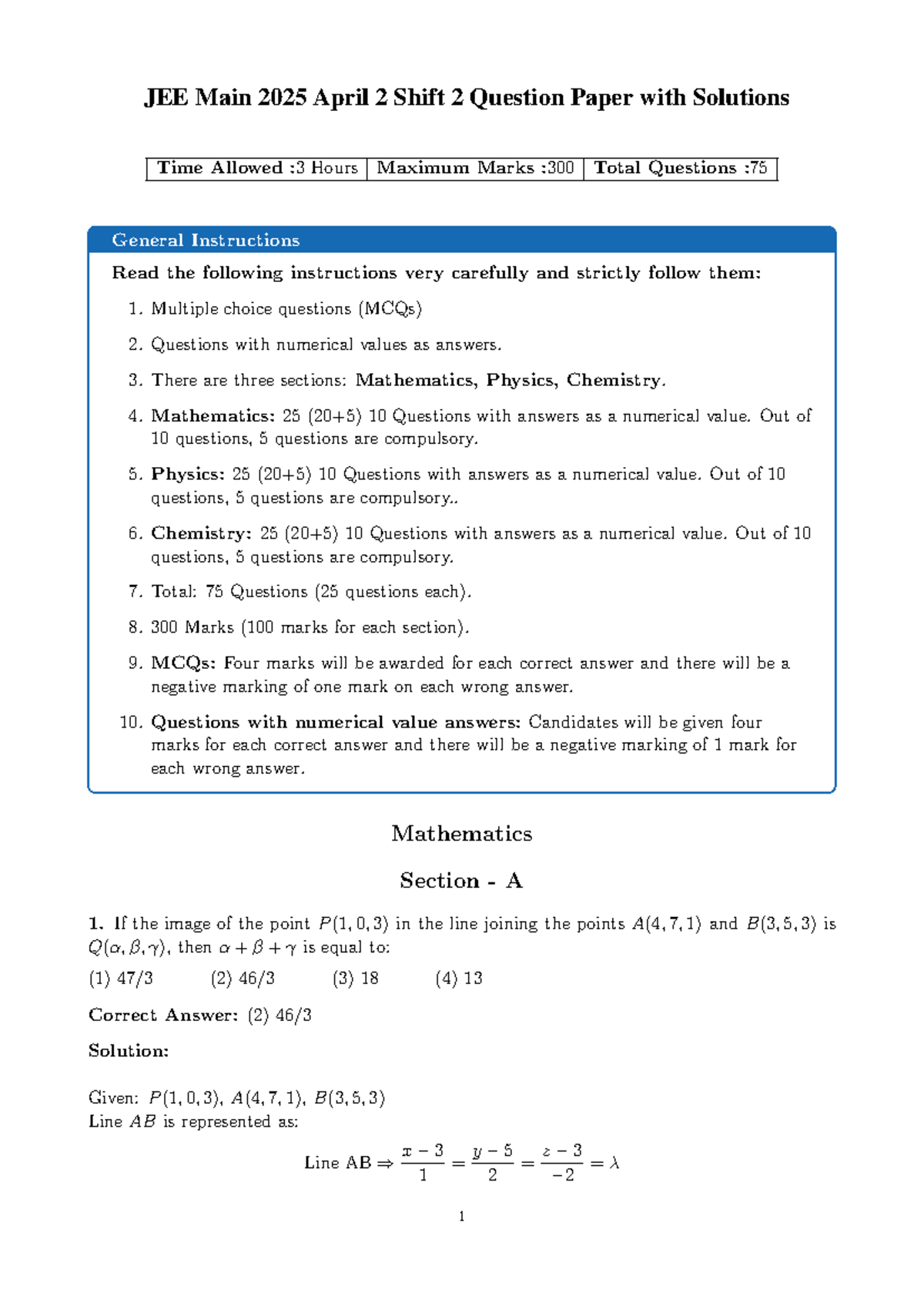 JEE Main 2025 April 2 Shift 2 Question Paper & Solutions - Studocu