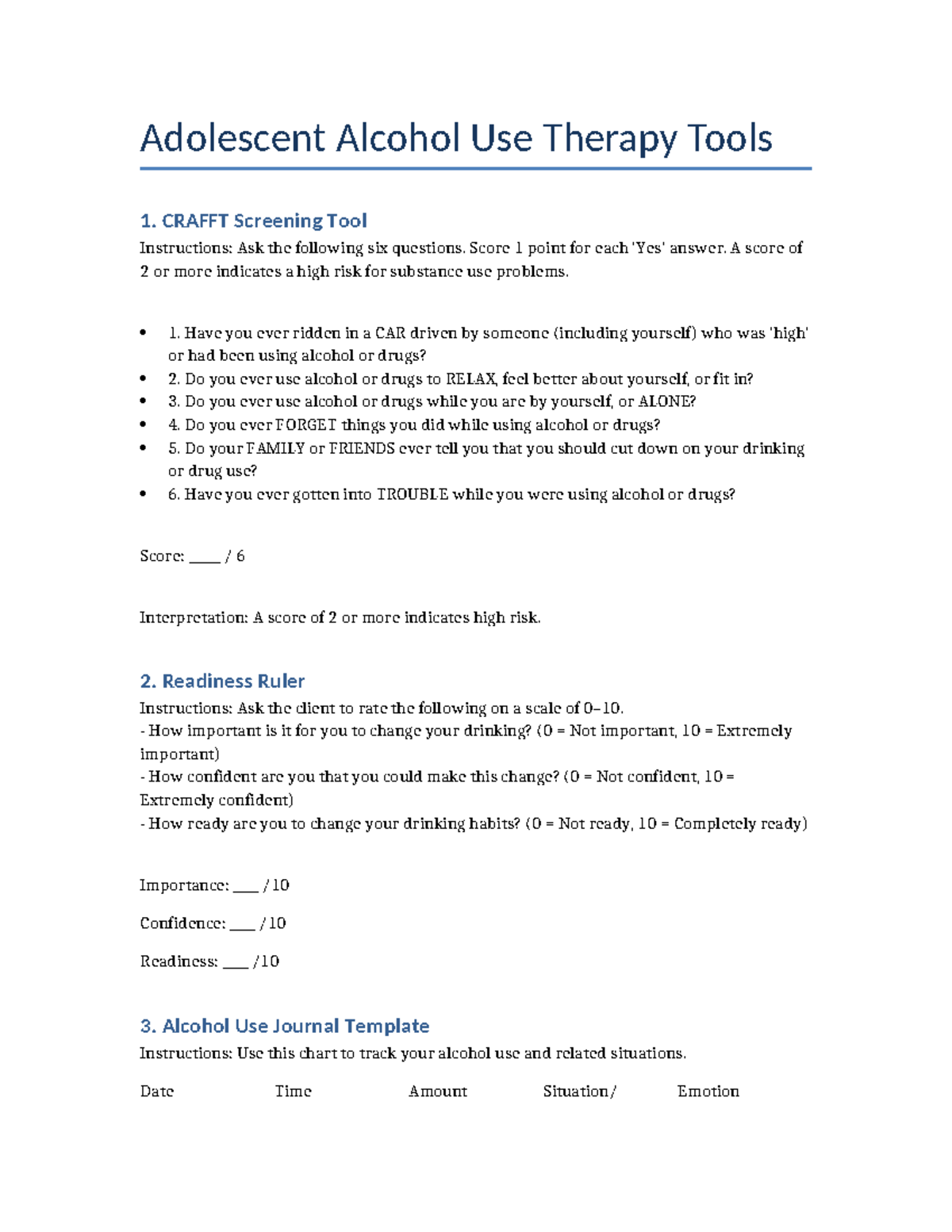 Adolescent Alcohol Use Therapy Tools: CRAFFT & Journaling Guide - Studocu