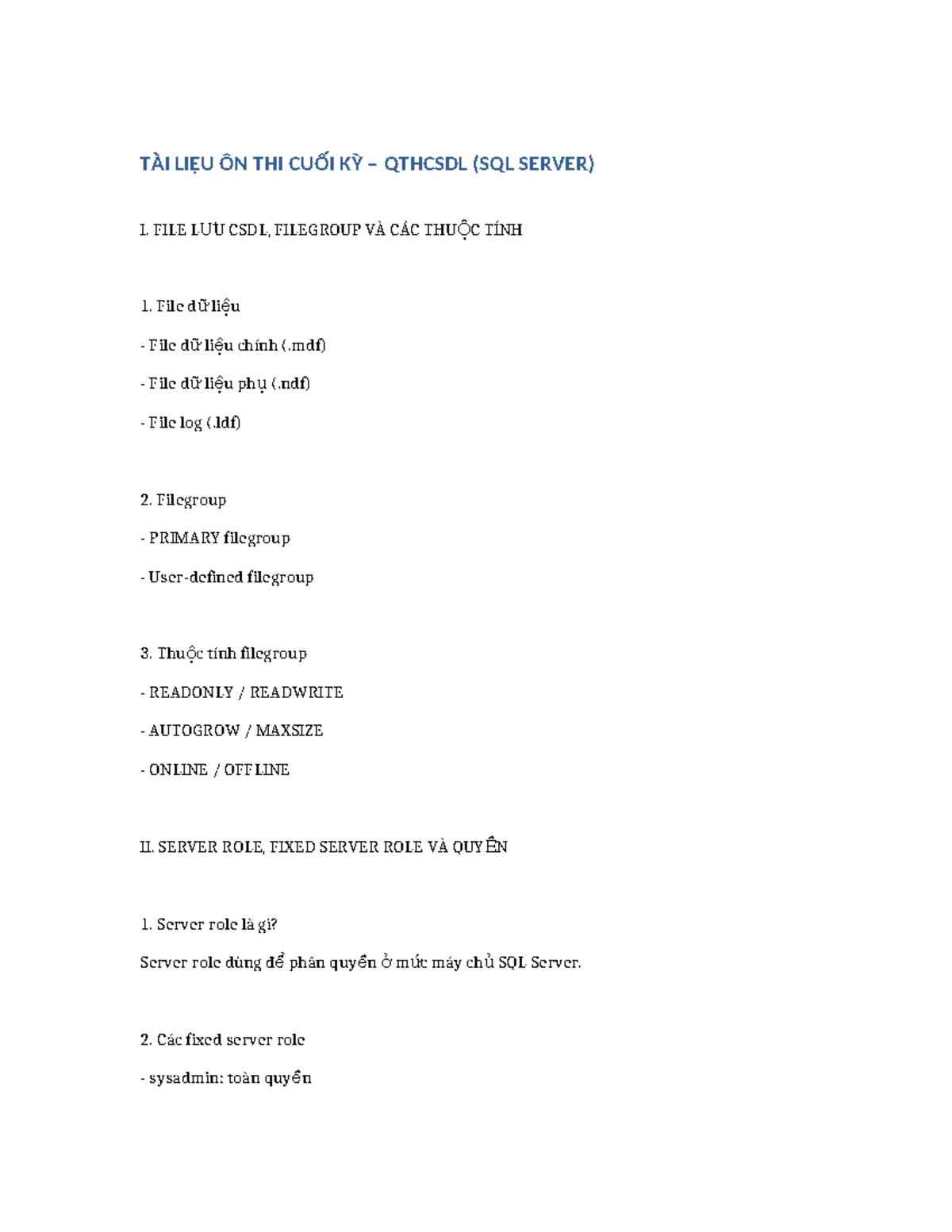 Tài Liệu Ôn Thi Cuối Kỳ QTHCSDL (SQL SERVER) - Các Khái Niệm Cơ Bản ...