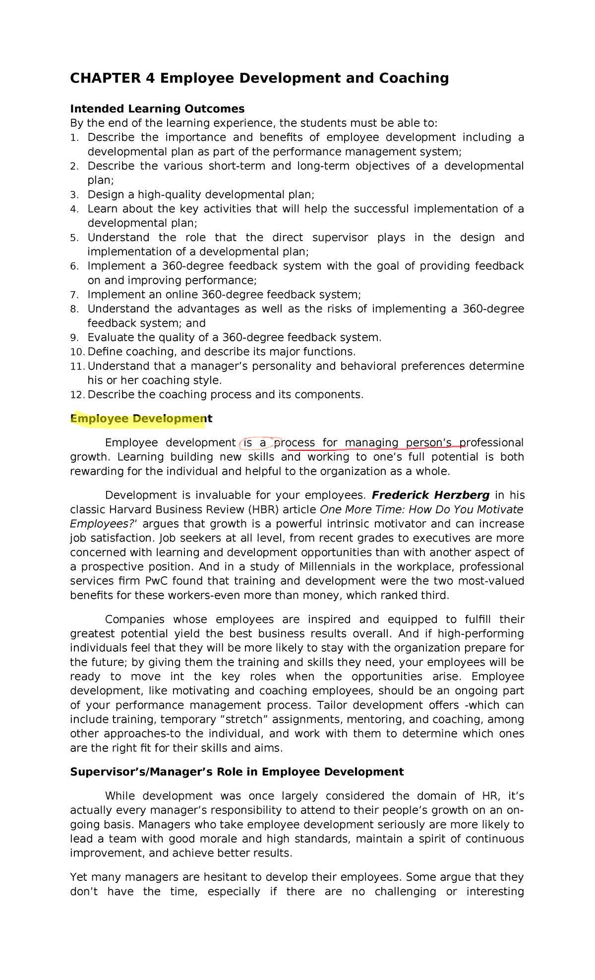 CHAPTER 4: Employee Development & Coaching Learning Outcomes - Studocu