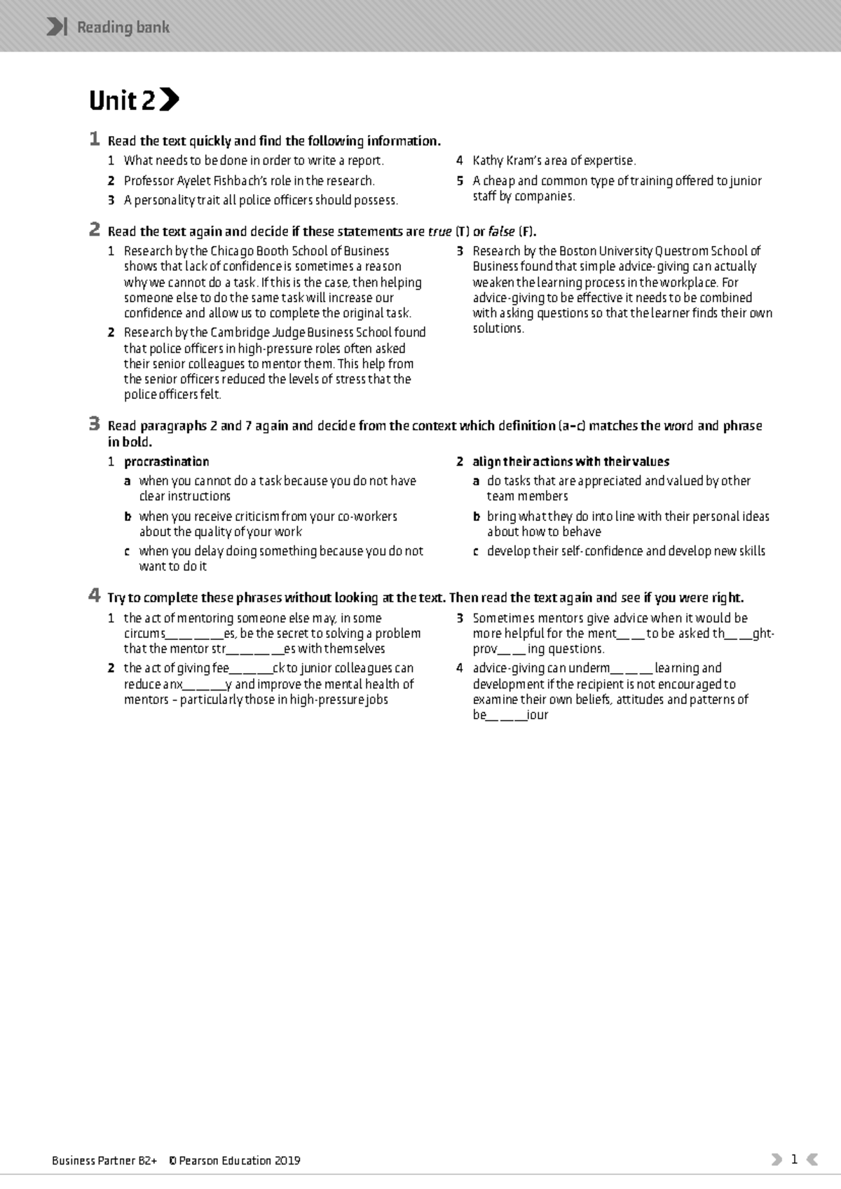 Bus Part B2P Reading Bank Unit 2: Report Writing & Mentoring Insights ...