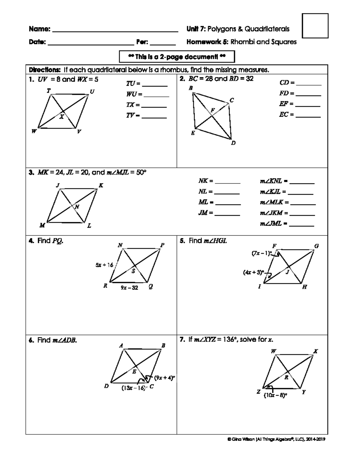 Unit 7: Homework 5 on Rhombi and Squares - Studocu