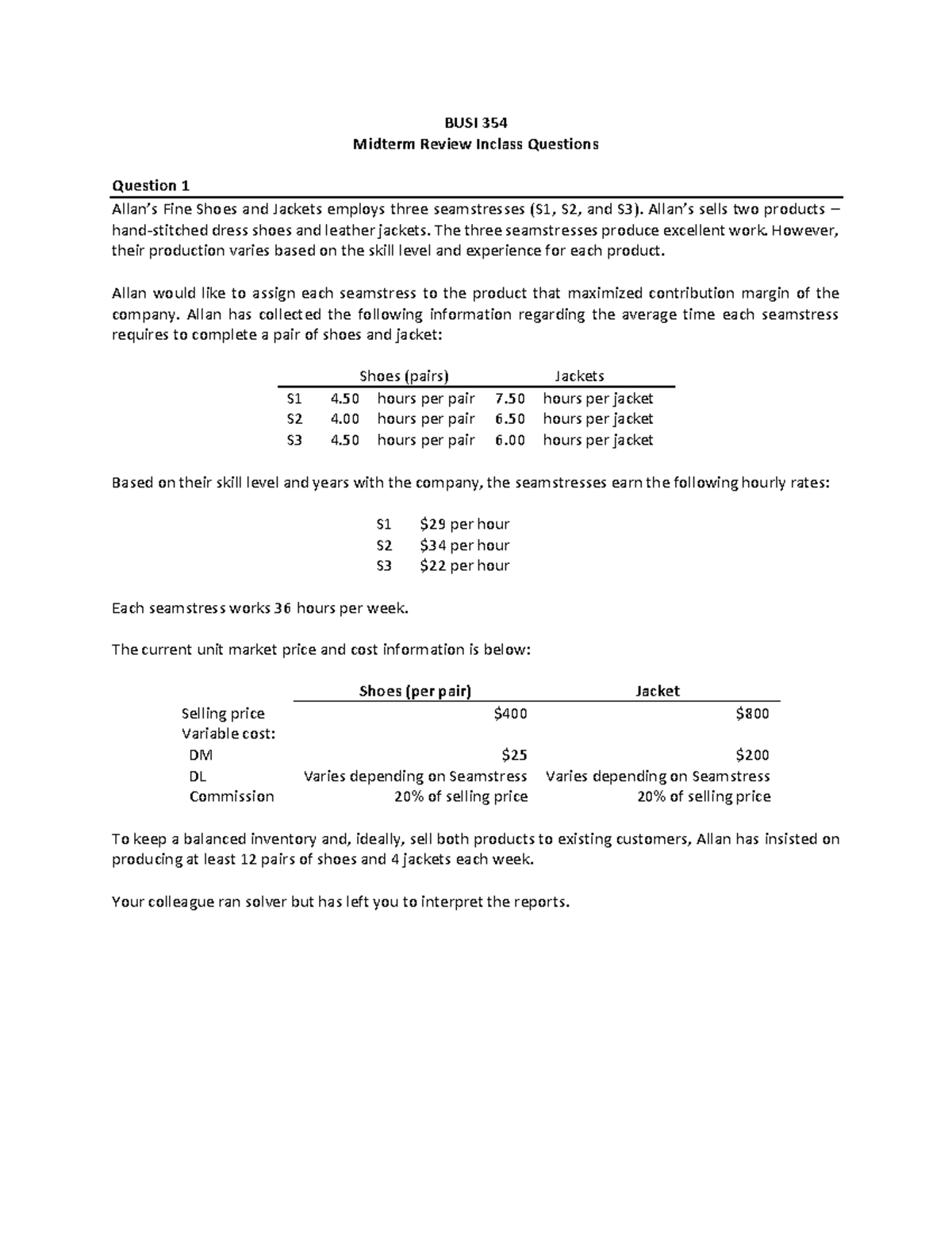 BUSI 354 Inclass Midterm 1 Review: Problems & Solutions - Studocu