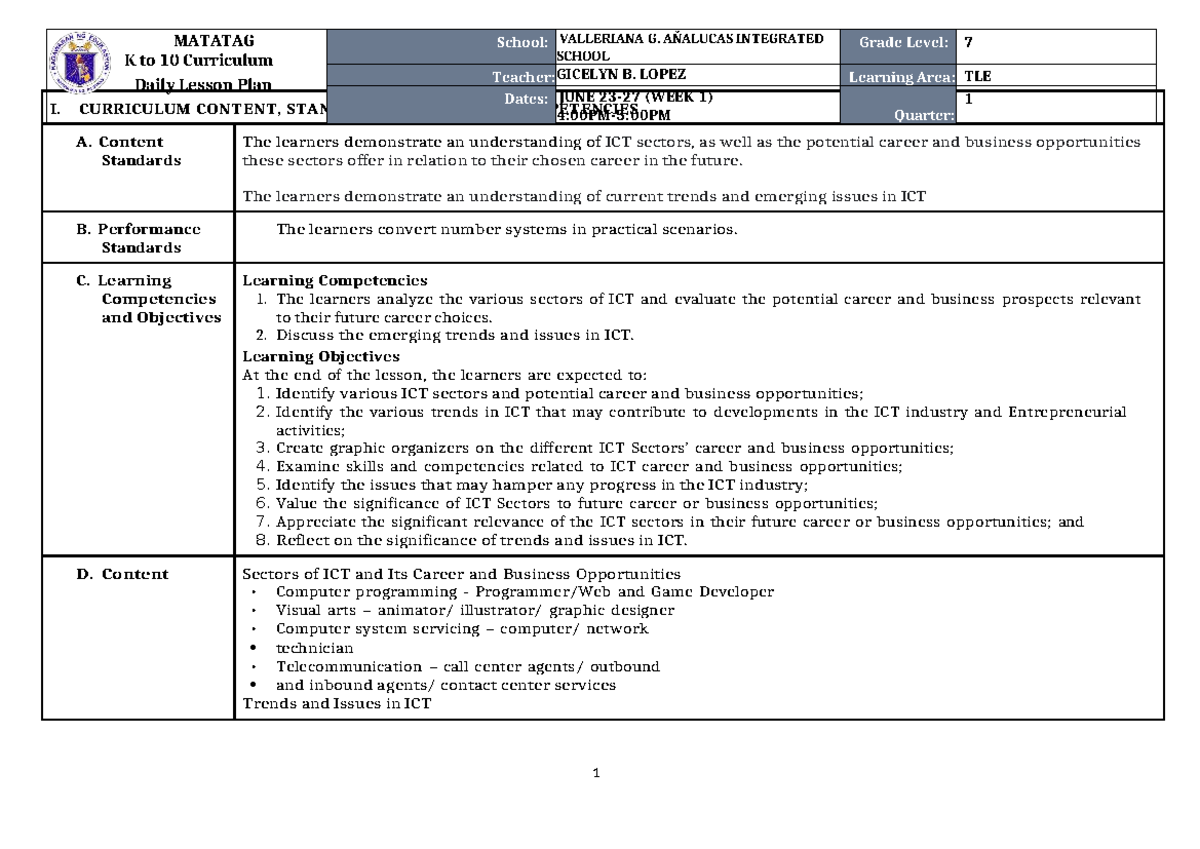 Grade 7 DLP ICT Lesson Plan: Career & Trends in ICT (Quarter 1, Week 1 ...