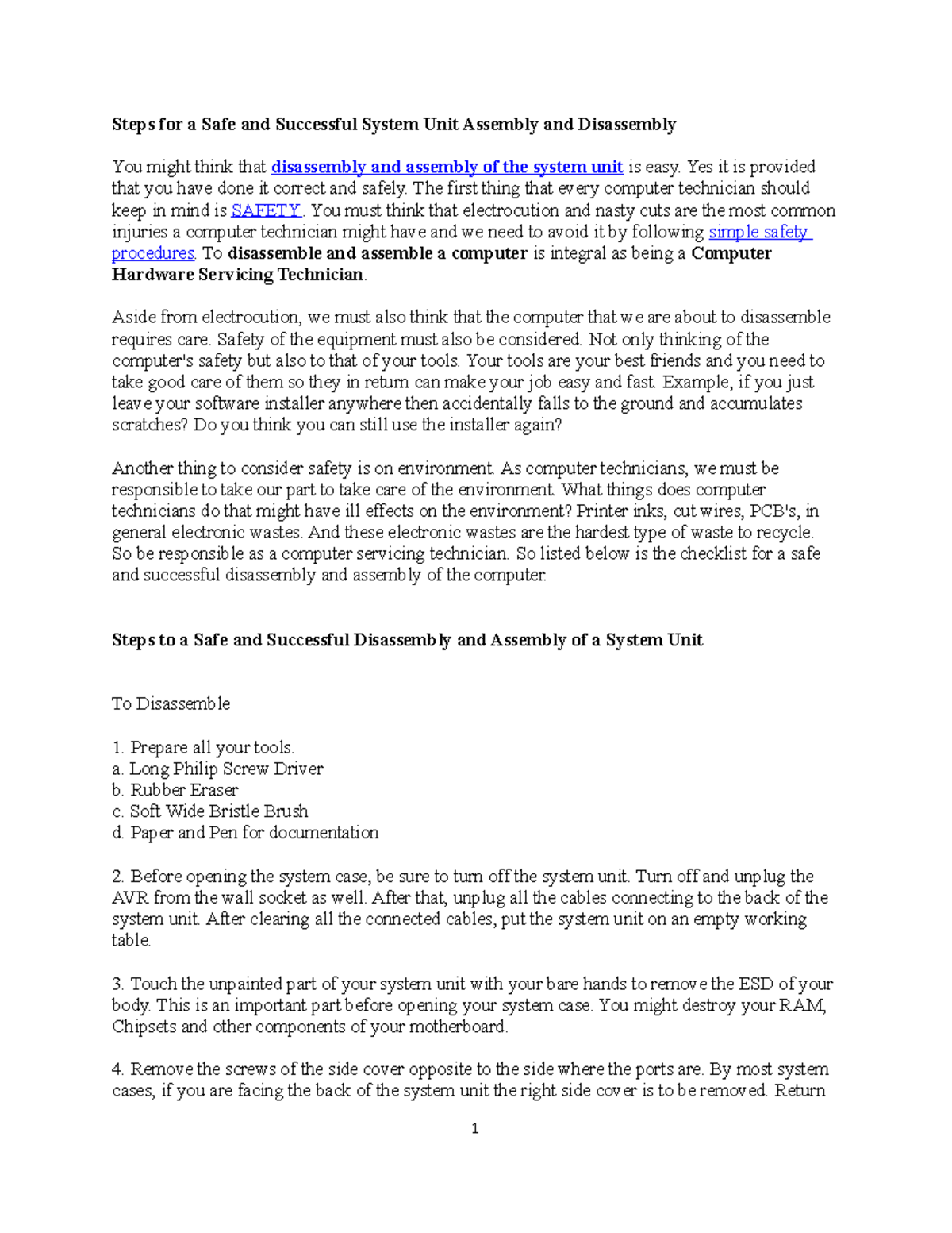 Computer assembly notes - Steps for a Safe and Successful System Unit ...