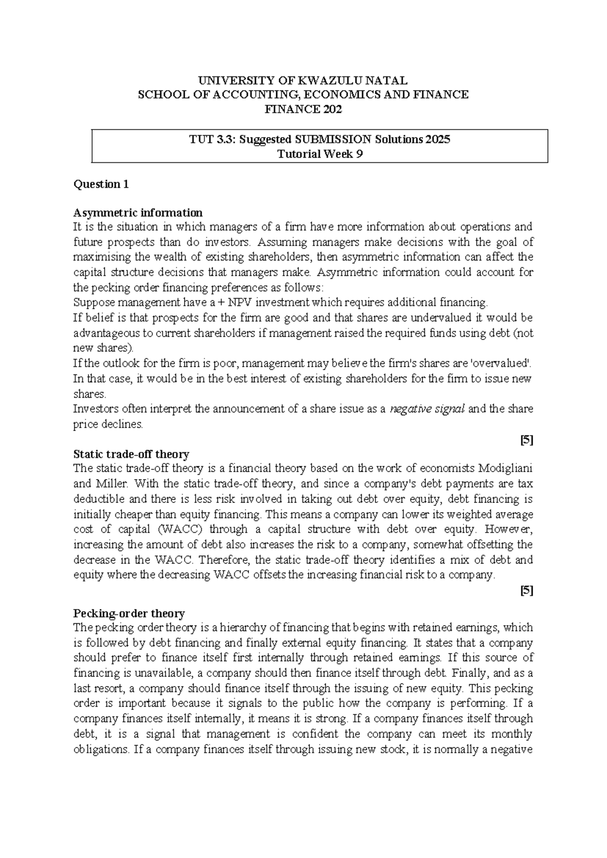 FINA202 TUT 3.3: Asymmetric Info & Capital Structure Solutions - Studocu