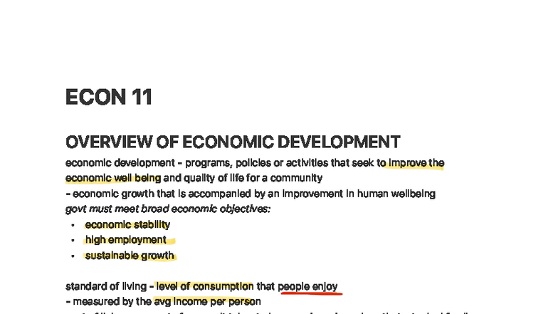 ECON 11 Economic Development Overview: Key Concepts and Insights - Studocu