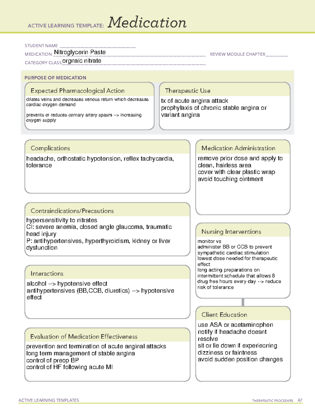 ACTIVE LEARNING TEMPLATE: Nitroglycerin Paste Review Module - Studocu