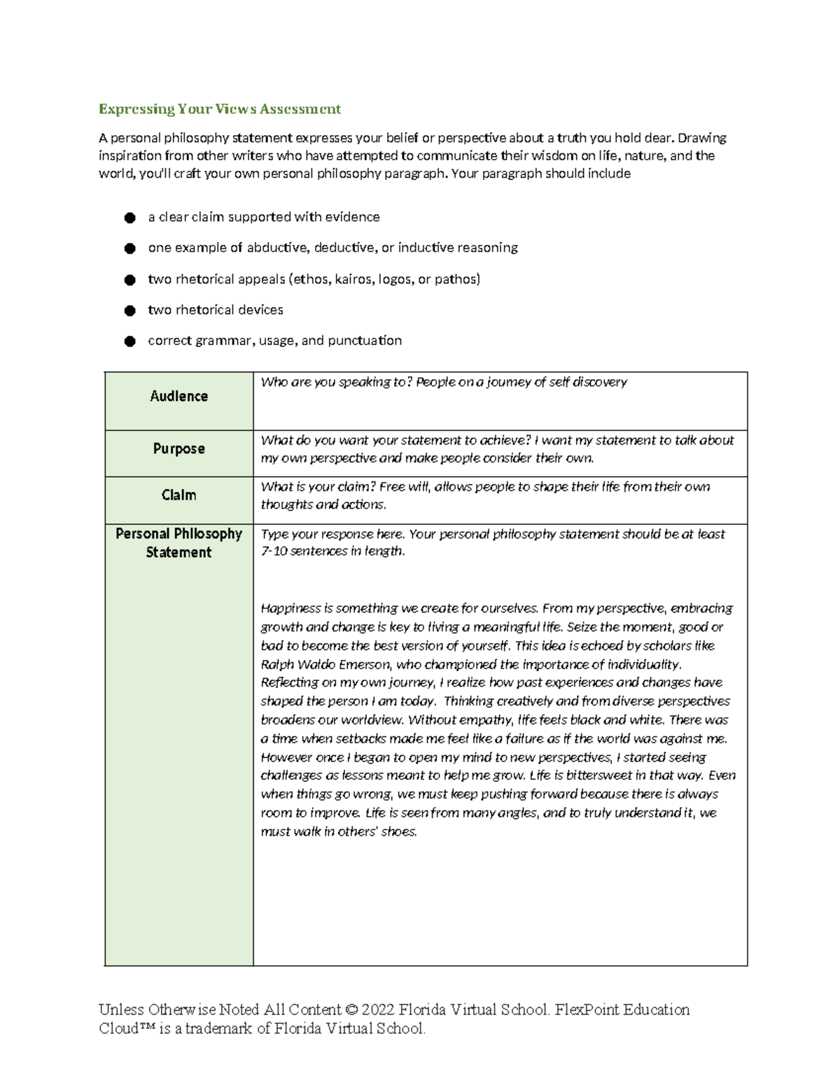 PHI 101: Personal Philosophy Statement Assessment Rubric - Studocu